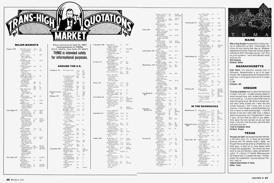 TRANS-HIGH MARKET QUOTATIONS | High Times | JULY 1987